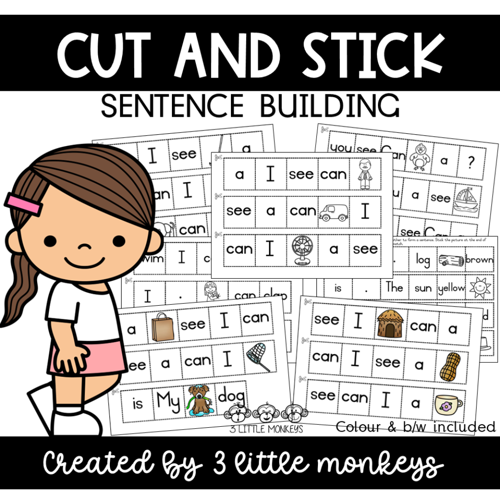 Cut and stick Sentence Building - PDF » 3 Little Monkeys