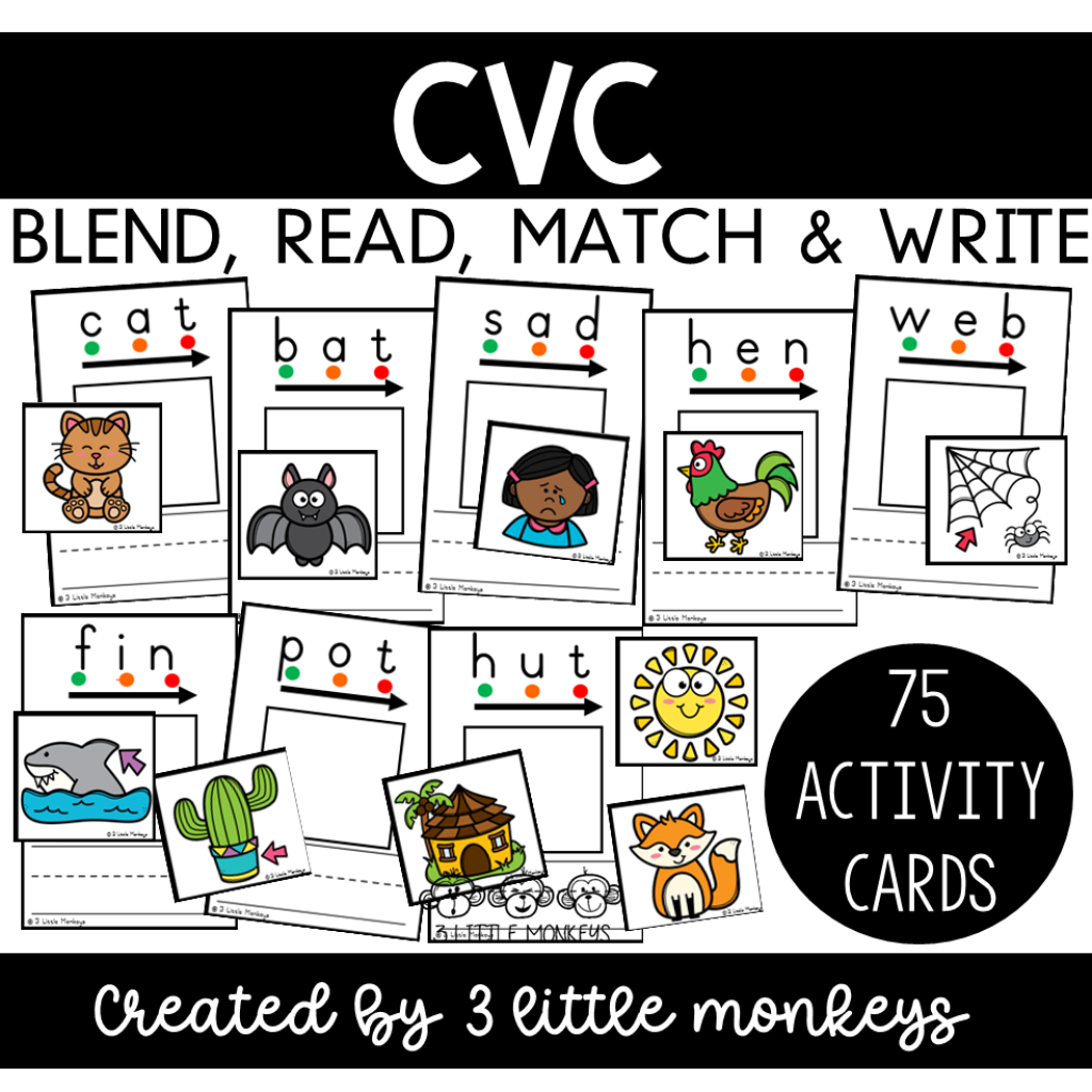 CVC Blend, Read, Match and Write - PDF » 3 Little Monkeys