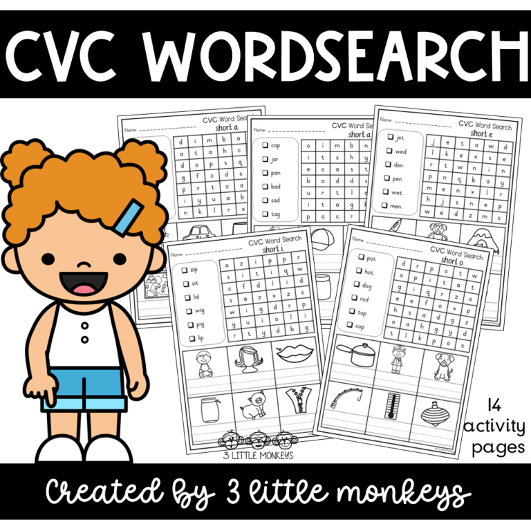 CVC Wordsearch - PDF » 3 Little Monkeys