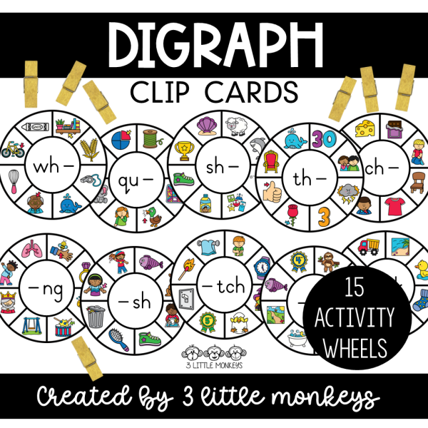 Digraph Clip Cards - PDF » 3 Little Monkeys