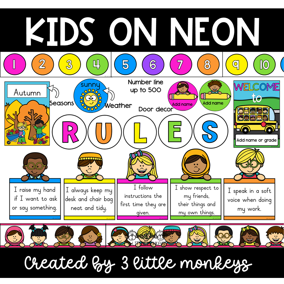 Kids on Neon Classroom Decor- PDF » 3 Little Monkeys