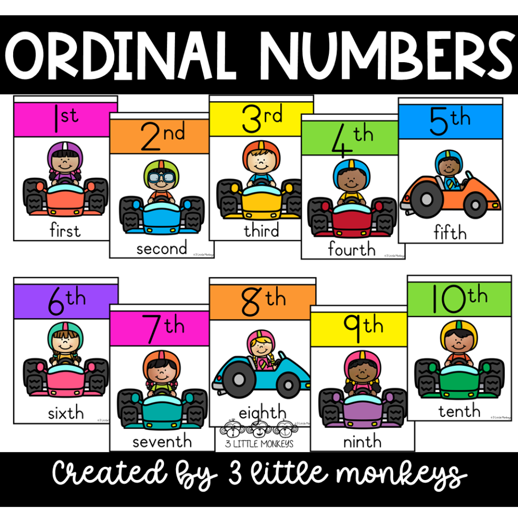 Ordinal Numbers Racing Cars - PDF » 3 Little Monkeys