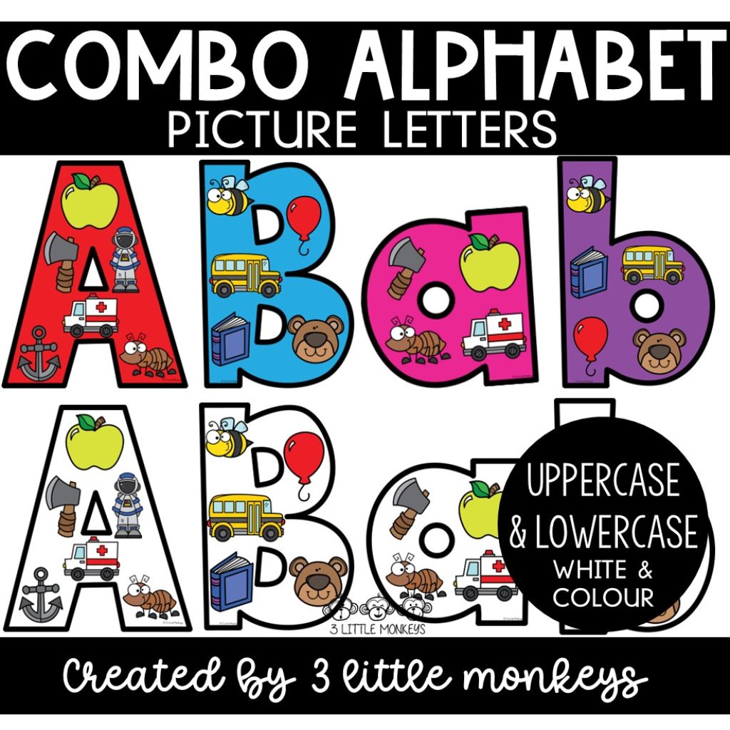 Alphabet Picture Letters (uppercase and lowercase) - PDF » 3 Little Monkeys