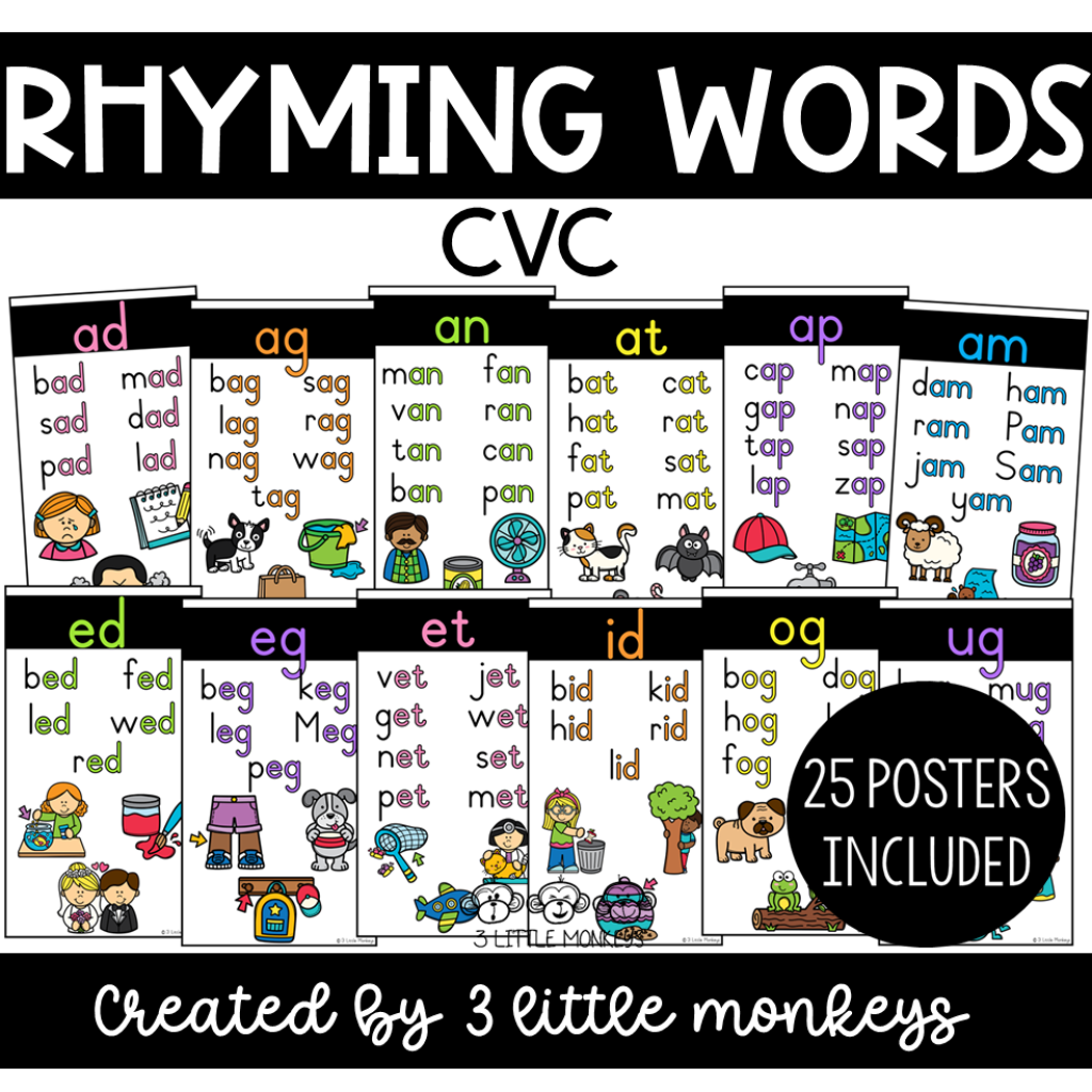 Rhyming Words CVC - PDF » 3 Little Monkeys