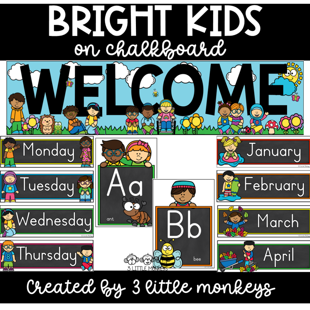 Bright Kids on Chalkboard Theme Classroom Decor - PDF » 3 Little Monkeys