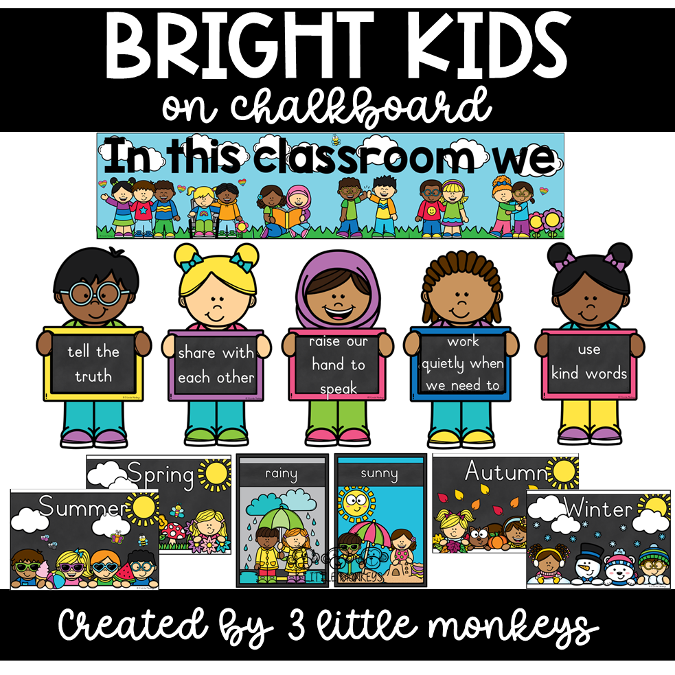 Bright Kids on Chalkboard Theme Classroom Decor - PDF » 3 Little Monkeys