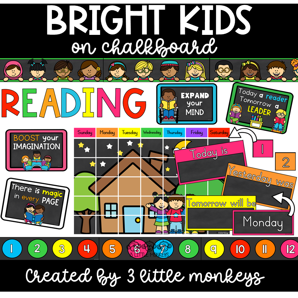 Bright Kids on Chalkboard Theme Classroom Decor - PDF » 3 Little Monkeys
