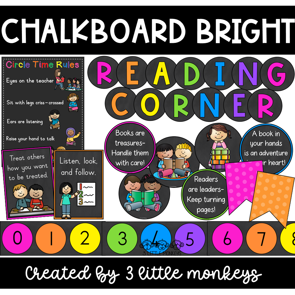 Chalkboard Bright Theme Classroom Decor - PDF » 3 Little Monkeys