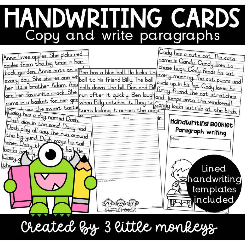 Handwriting Cards - Copy and write paragraphs - PDF » 3 Little Monkeys