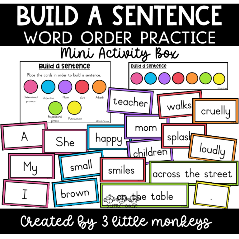 Build a Sentence - Word order practice - PDF » 3 Little Monkeys