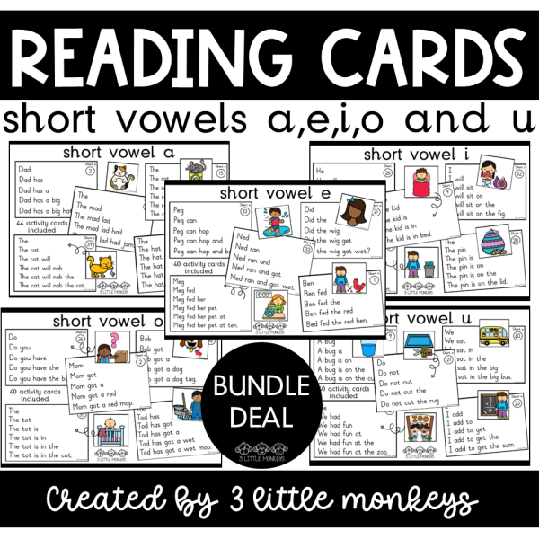 Reading Cards (Short Vowels) Bundle - PDF » 3 Little Monkeys