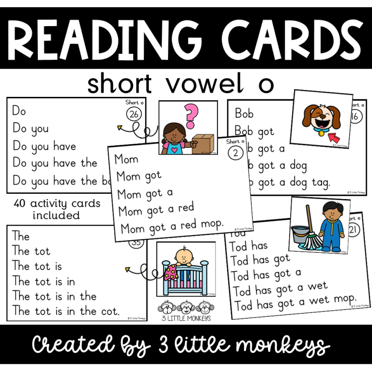 Reading Cards Short vowel o - PDF » 3 Little Monkeys