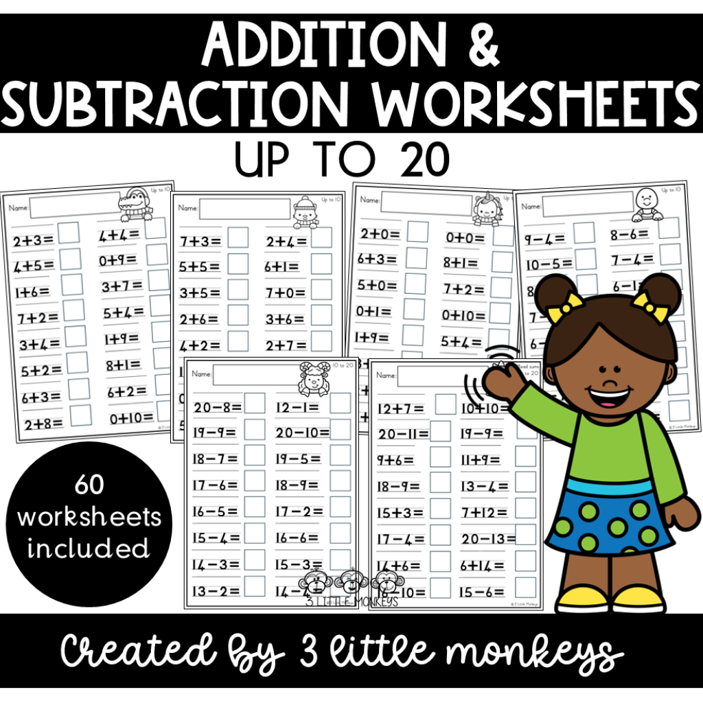Addition and subtraction worksheets up to 20 - PDF » 3 Little Monkeys