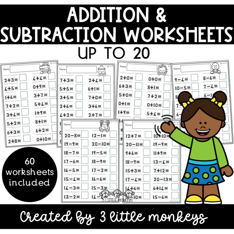 Addition and subtraction worksheets up to 20 - PDF » 3 Little Monkeys