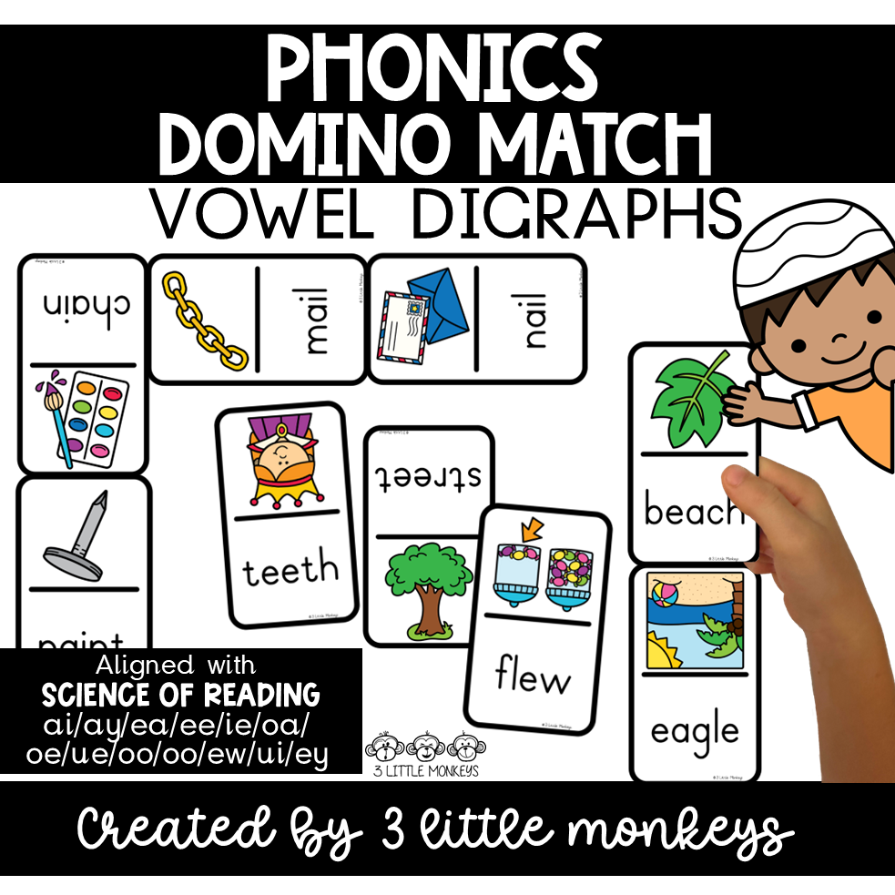 Phonics Domino Match Vowel Digraphs - PDF » 3 Little Monkeys