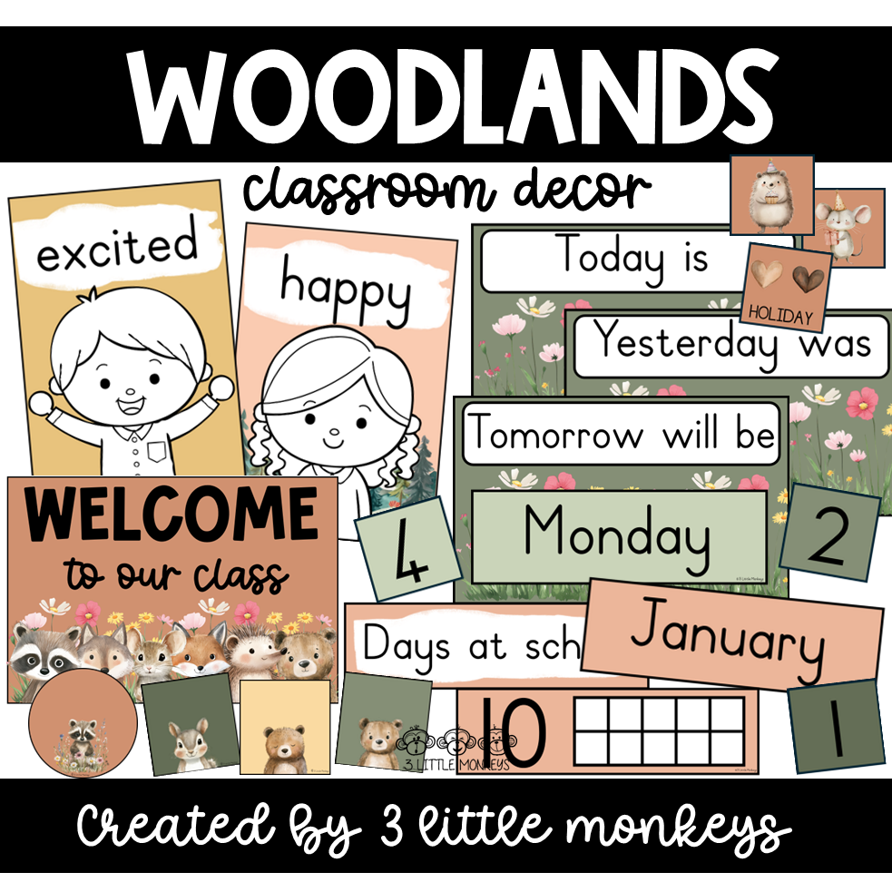 Woodlands Watercolour Classroom Decor - PDF » 3 Little Monkeys