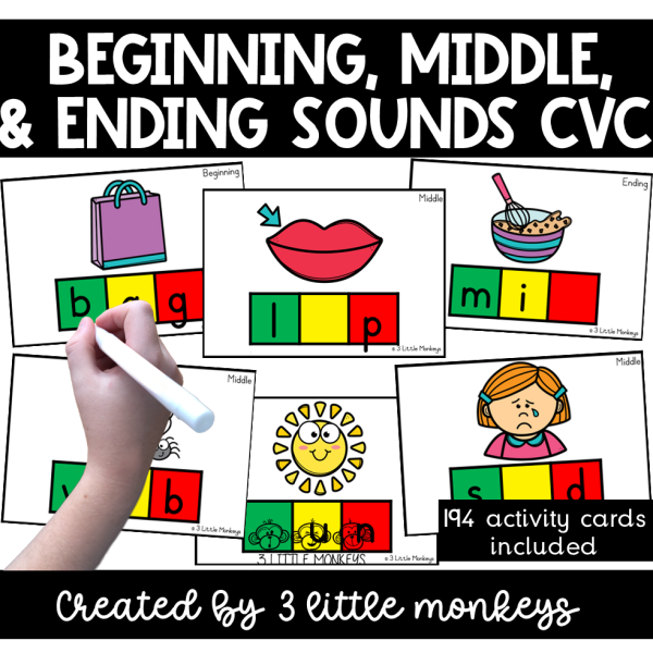 Beginning, Middle and Ending sounds CVC - PDF » 3 Little Monkeys