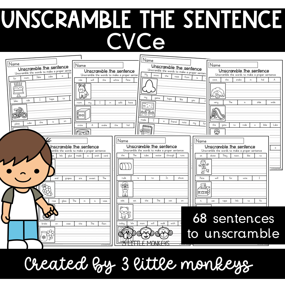 Unscramble the sentence CVCe - PDF » 3 Little Monkeys