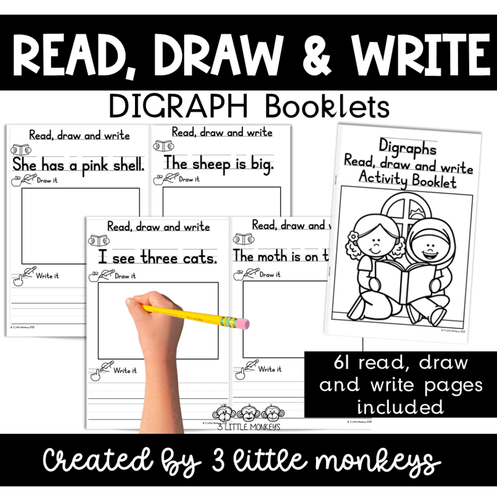 Read, Draw and Write Digraphs Booklets - PDF » 3 Little Monkeys