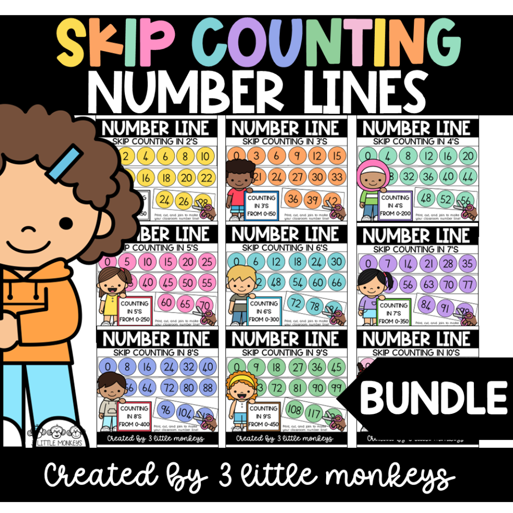 Skip Counting Number Lines BUNDLE - PDF » 3 Little Monkeys