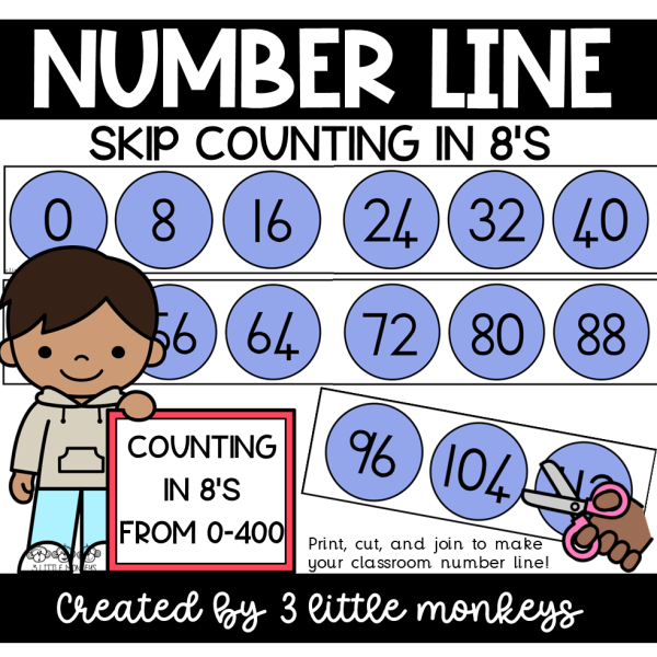 Skip Counting in 8's up to 400 Number Line - PDF » 3 Little Monkeys