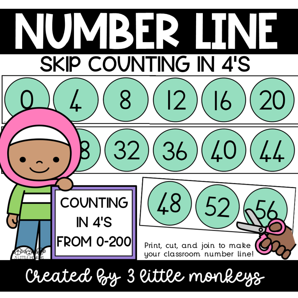 Skip Counting in 4's up to 200 Number Line - PDF » 3 Little Monkeys