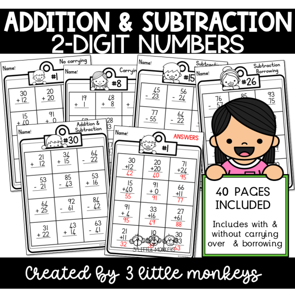 2-Digit Addition and Subtraction Worksheets - PDF » 3 Little Monkeys
