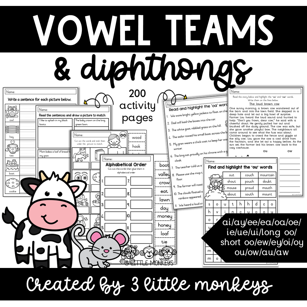 Vowel Teams and Diphthongs Activity Book - PDF » 3 Little Monkeys