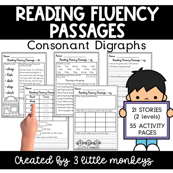 Reading Fluency Passages | Consonant Digraphs - PDF » 3 Little Monkeys