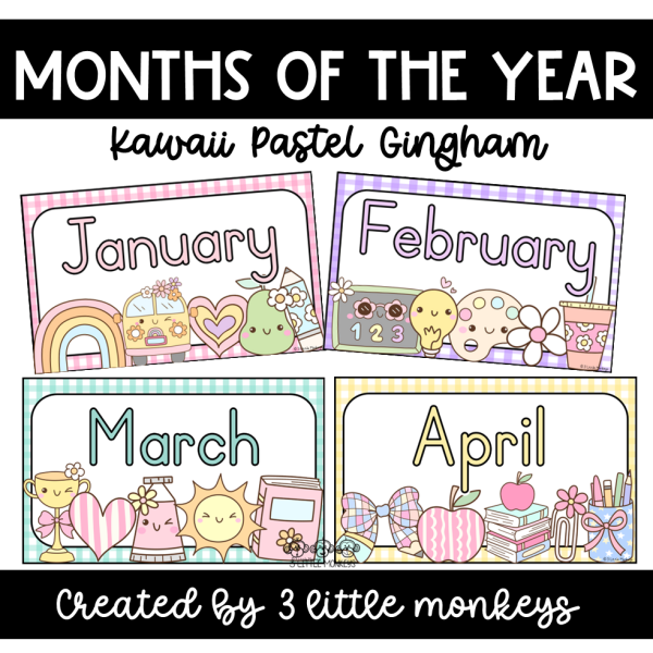 Months of the Year | Kawaii Pastel Gingham - PDF » 3 Little Monkeys