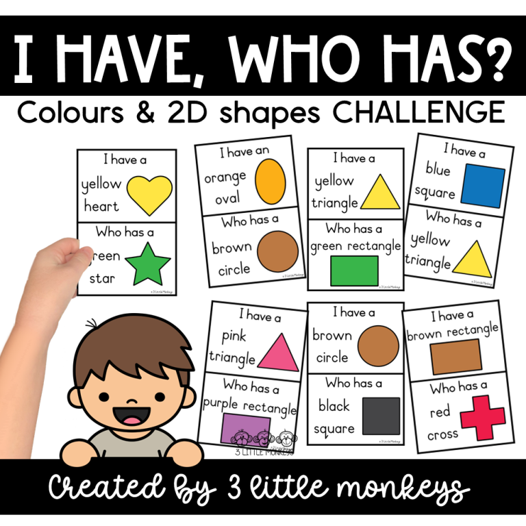 I have, who has? Colours and 2D shapes Challenge - PDF » 3 Little Monkeys