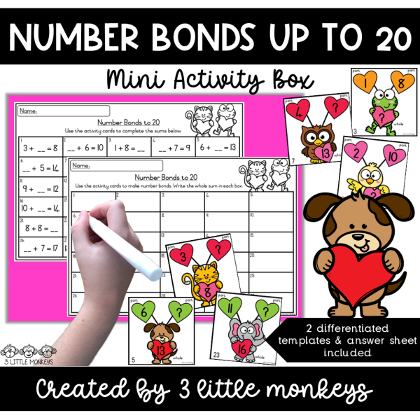 Number Bonds up to 20 | Valentine's-themed - PDF » 3 Little Monkeys